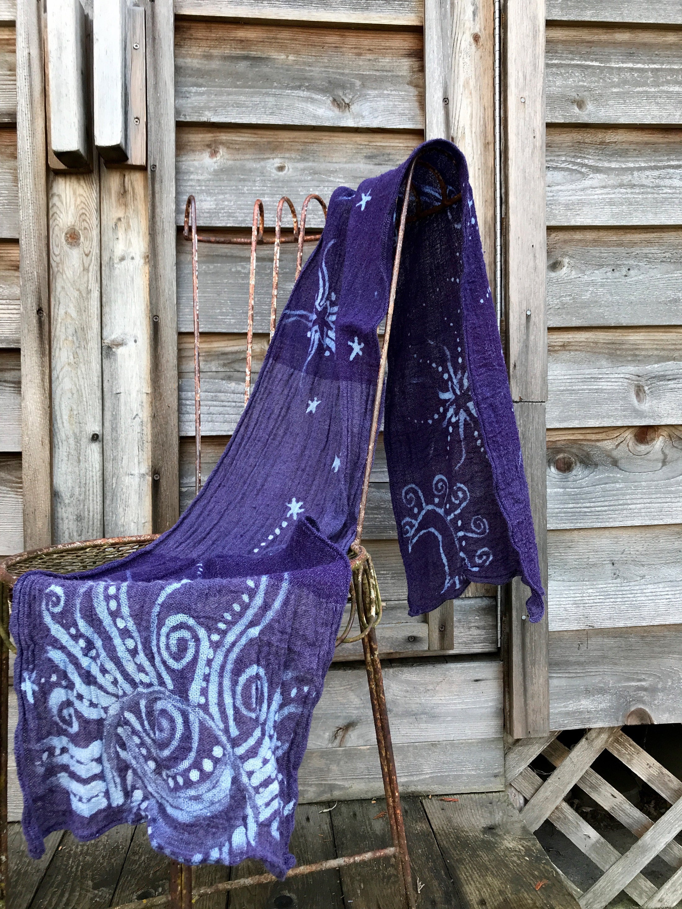 Purple Star Party Handmade Batik Scarf in Organic Cotton - Longer Leng ...